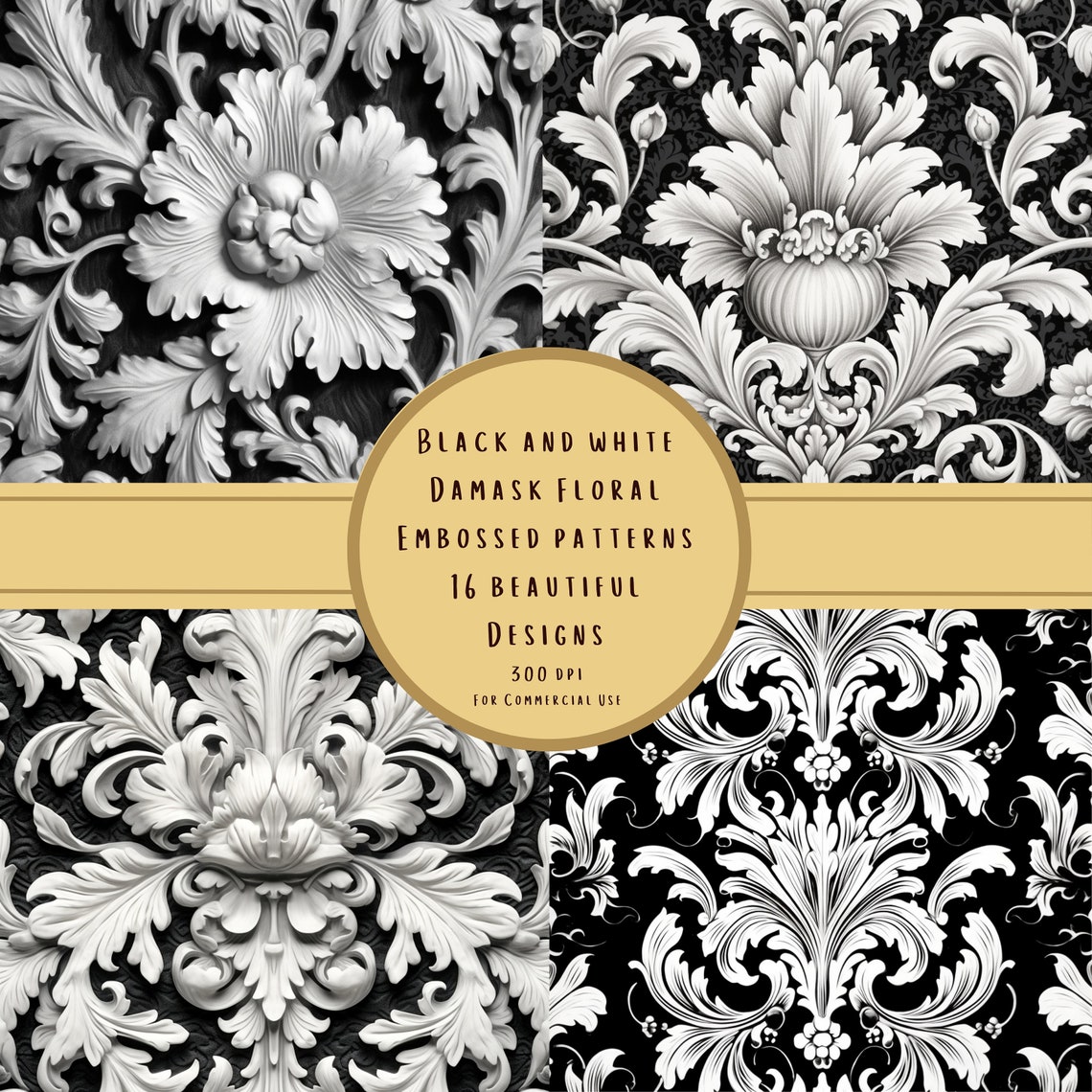 Vintage Black and White Damask Floral Embossed Realistic and Stencil ...