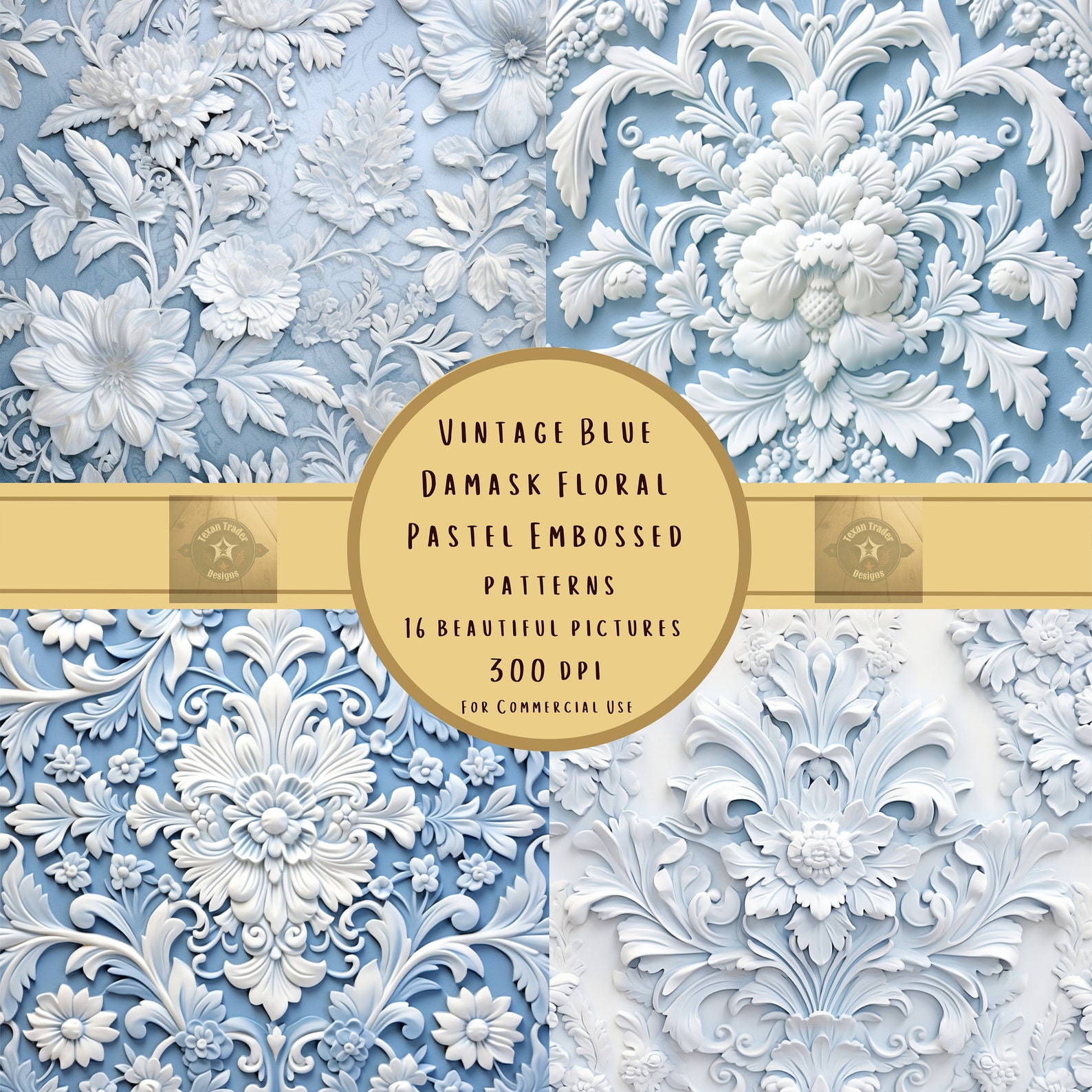 White & Dusty Blue DAMASK Embossed FLOWERS PATTERN Bundle, Stencil ...