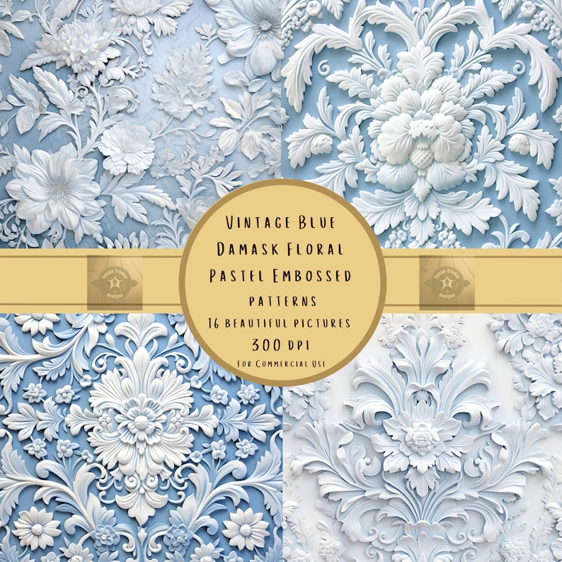 White & Dusty Blue DAMASK Embossed FLOWERS PATTERN Bundle, Stencil ...