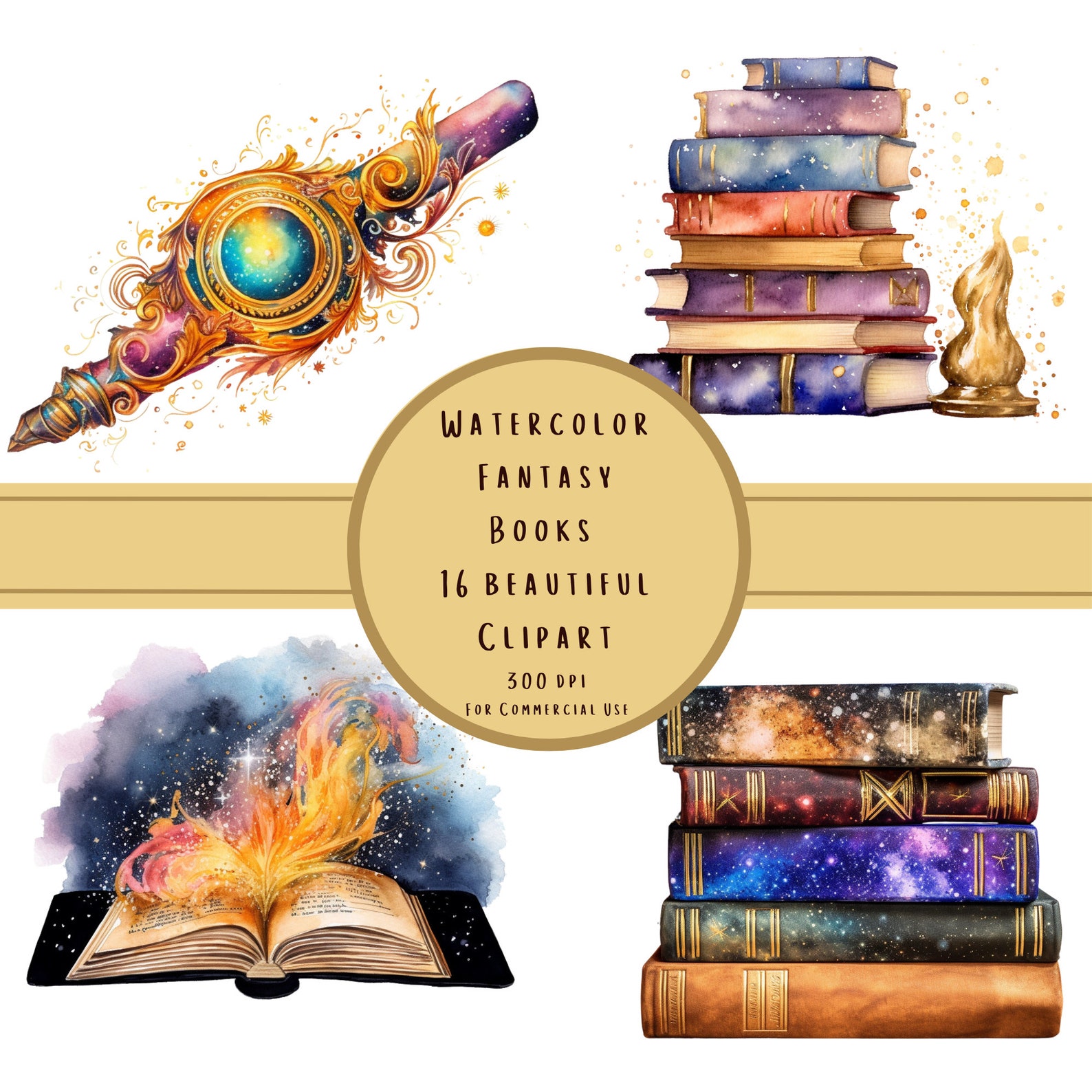 Watercolor Fantasy Book Clipart Galaxy Wizard Book Stacks - Etsy
