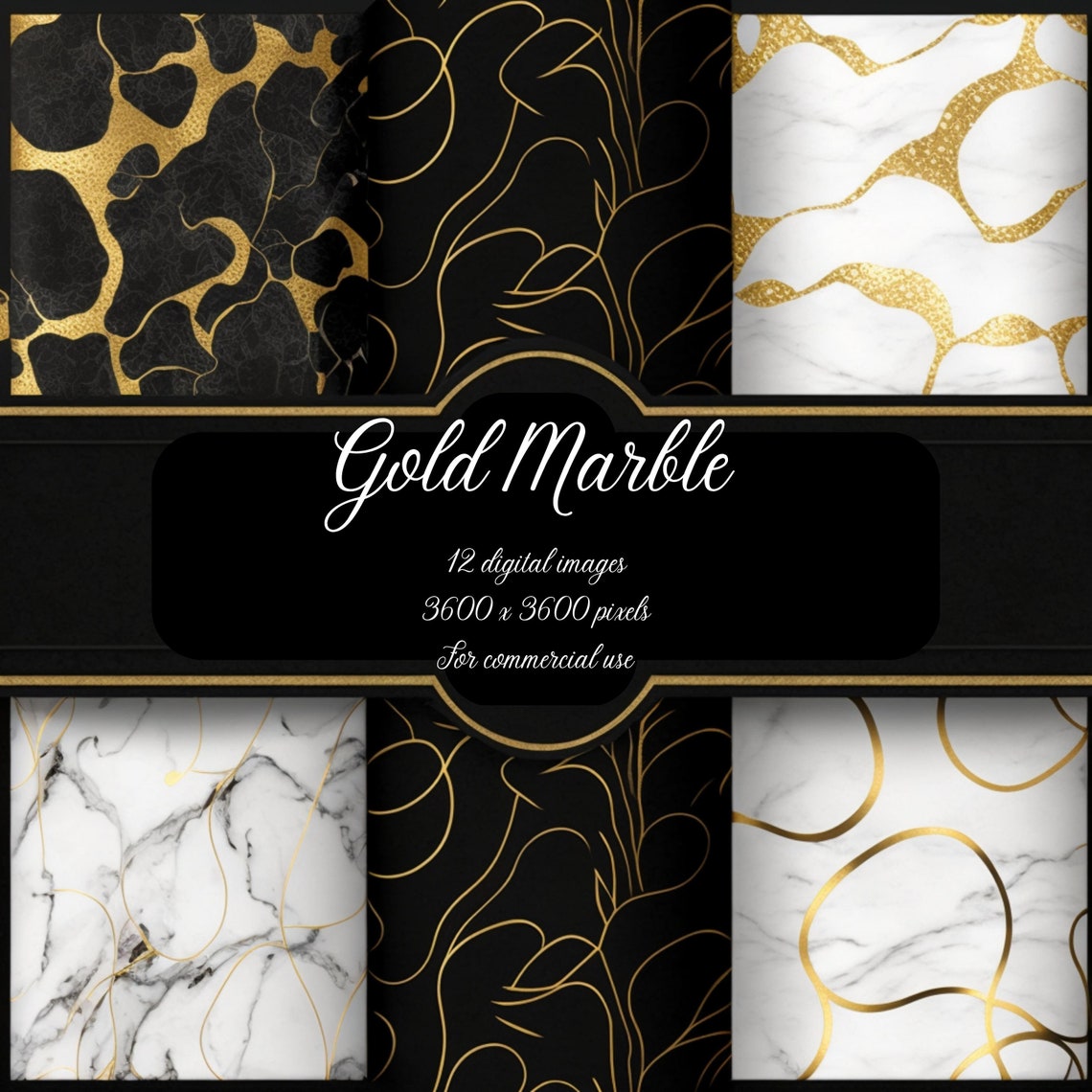 Black & White Marble Digital Paper, Marble Textures Gold Veins, Instant ...