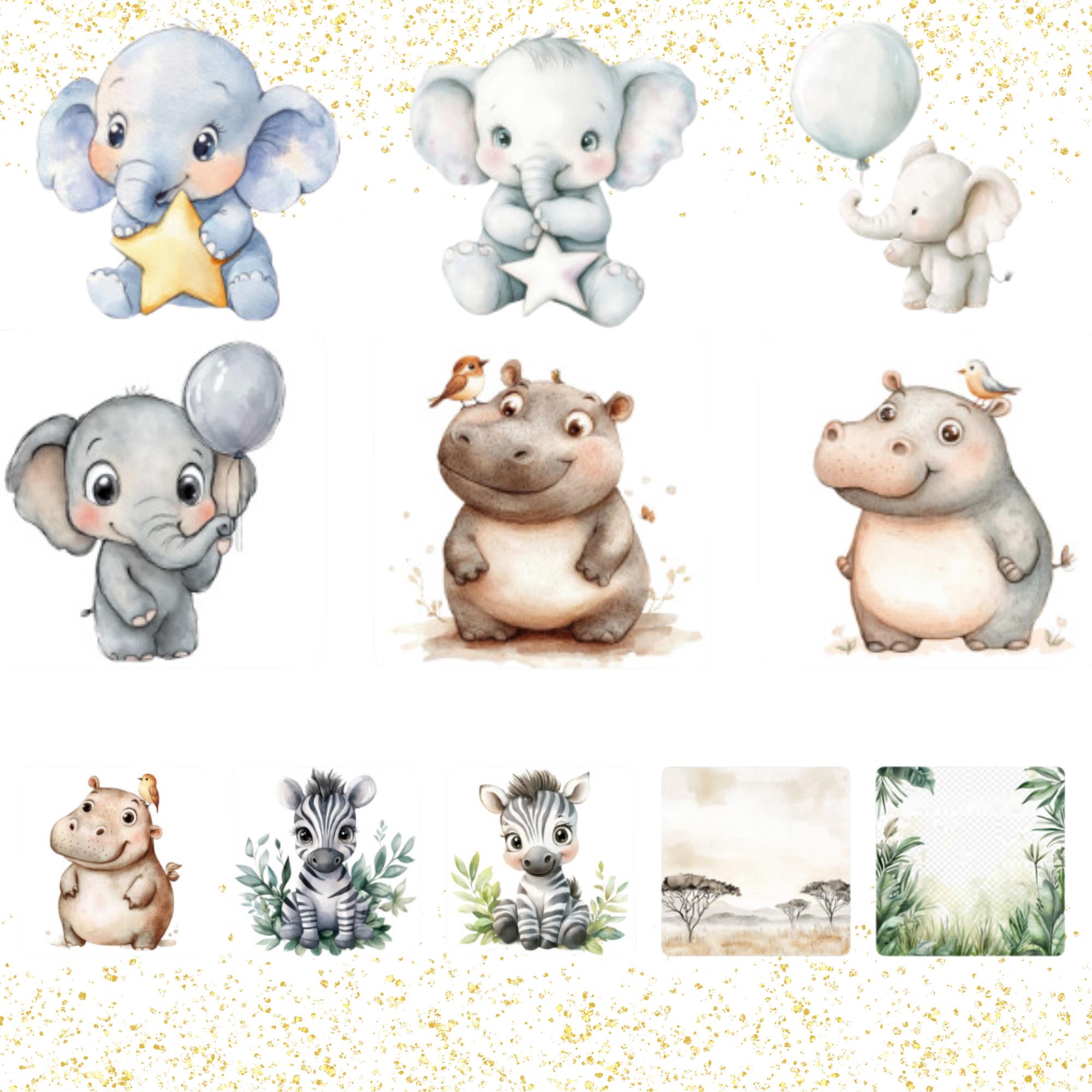 Cute Neutral Baby Safari Animal Clipart Set, Watercolor PNG and SVG ...
