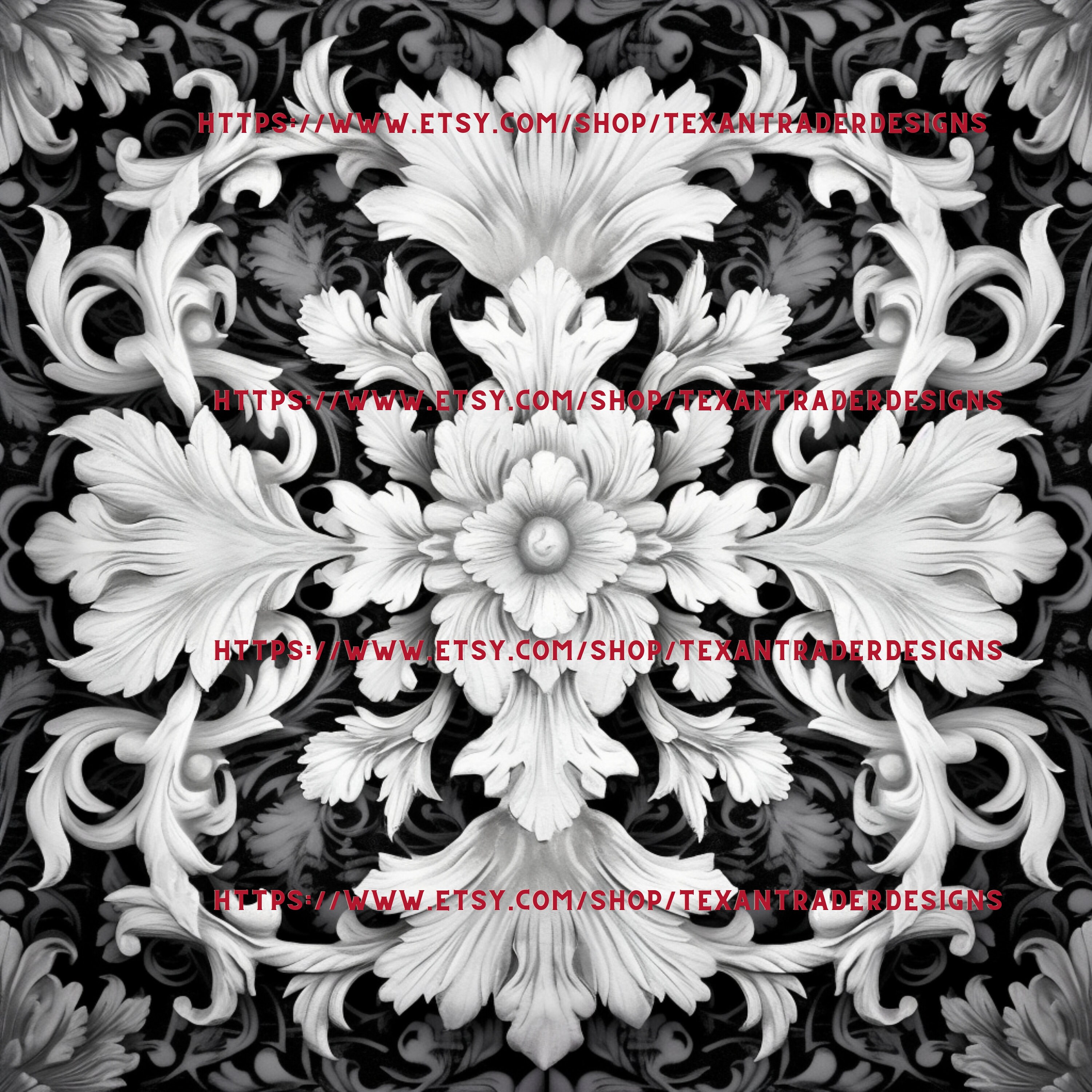 Vintage Black and White Damask Floral Embossed Realistic and Stencil ...