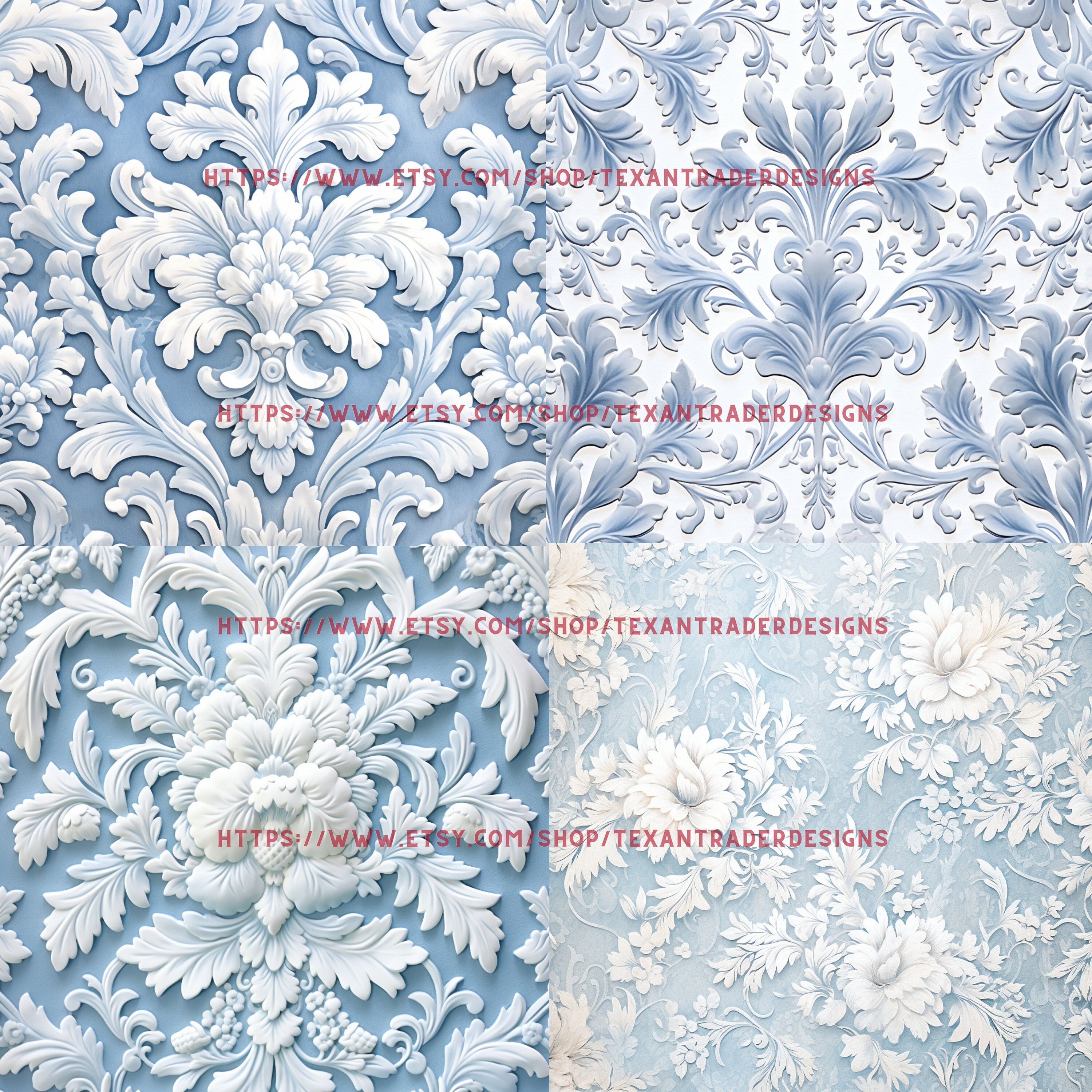 White & Dusty Blue DAMASK Embossed FLOWERS PATTERN Bundle, Stencil ...