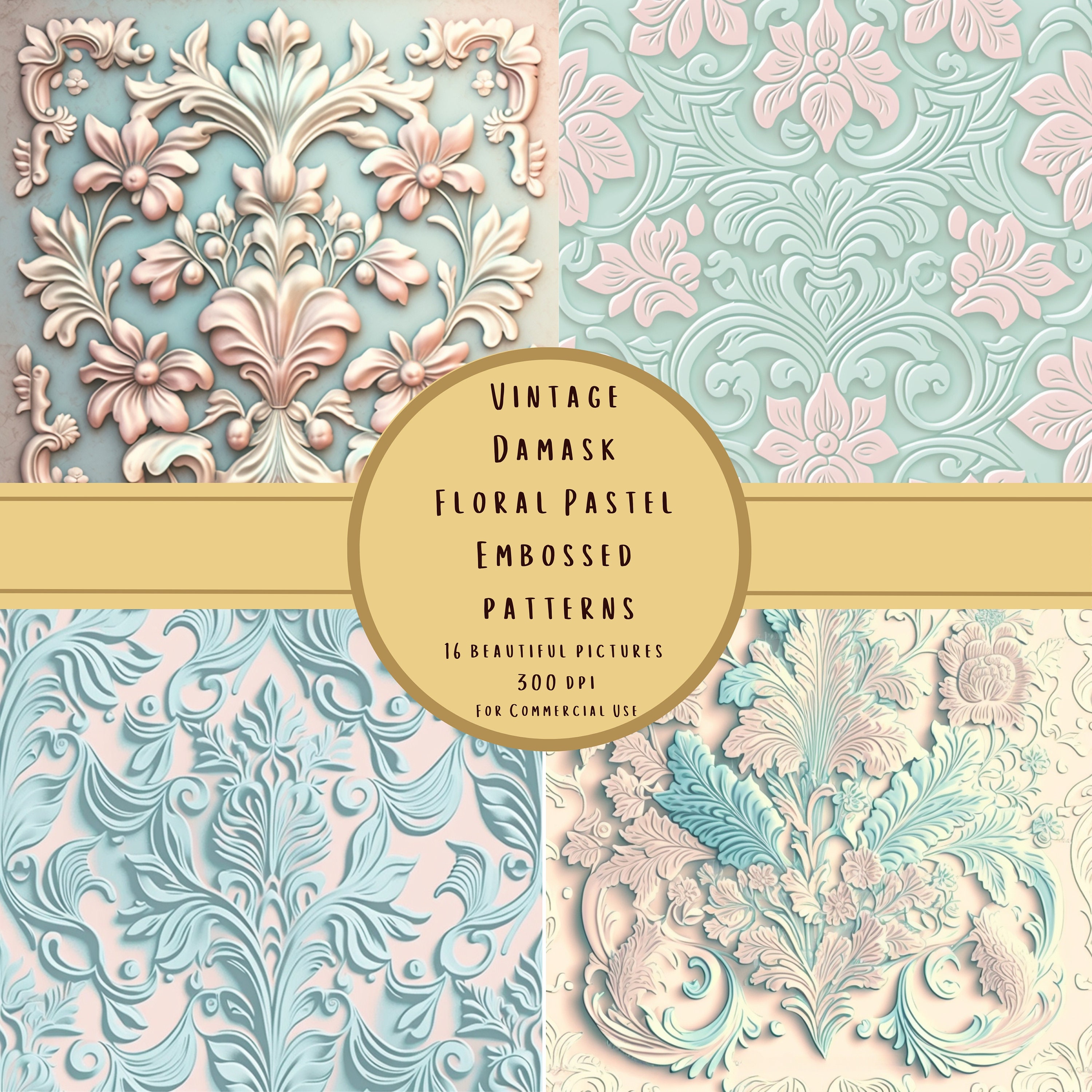 Vintage Damask Floral Pastel Embossed and Stencil FLOWERS PATTERN Jpgs ...