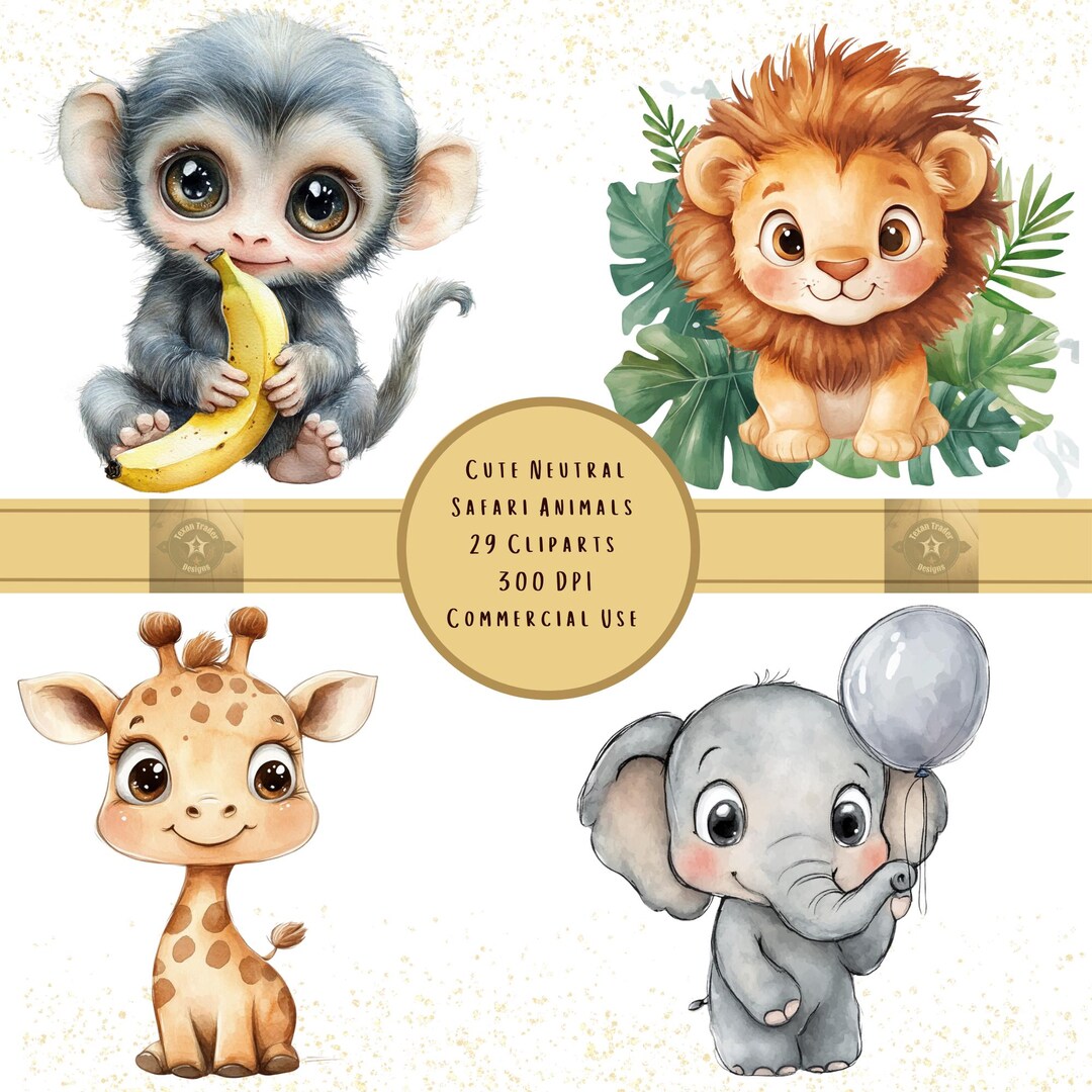 Cute Neutral Baby Safari Animal Clipart Set, Watercolor PNG and SVG ...