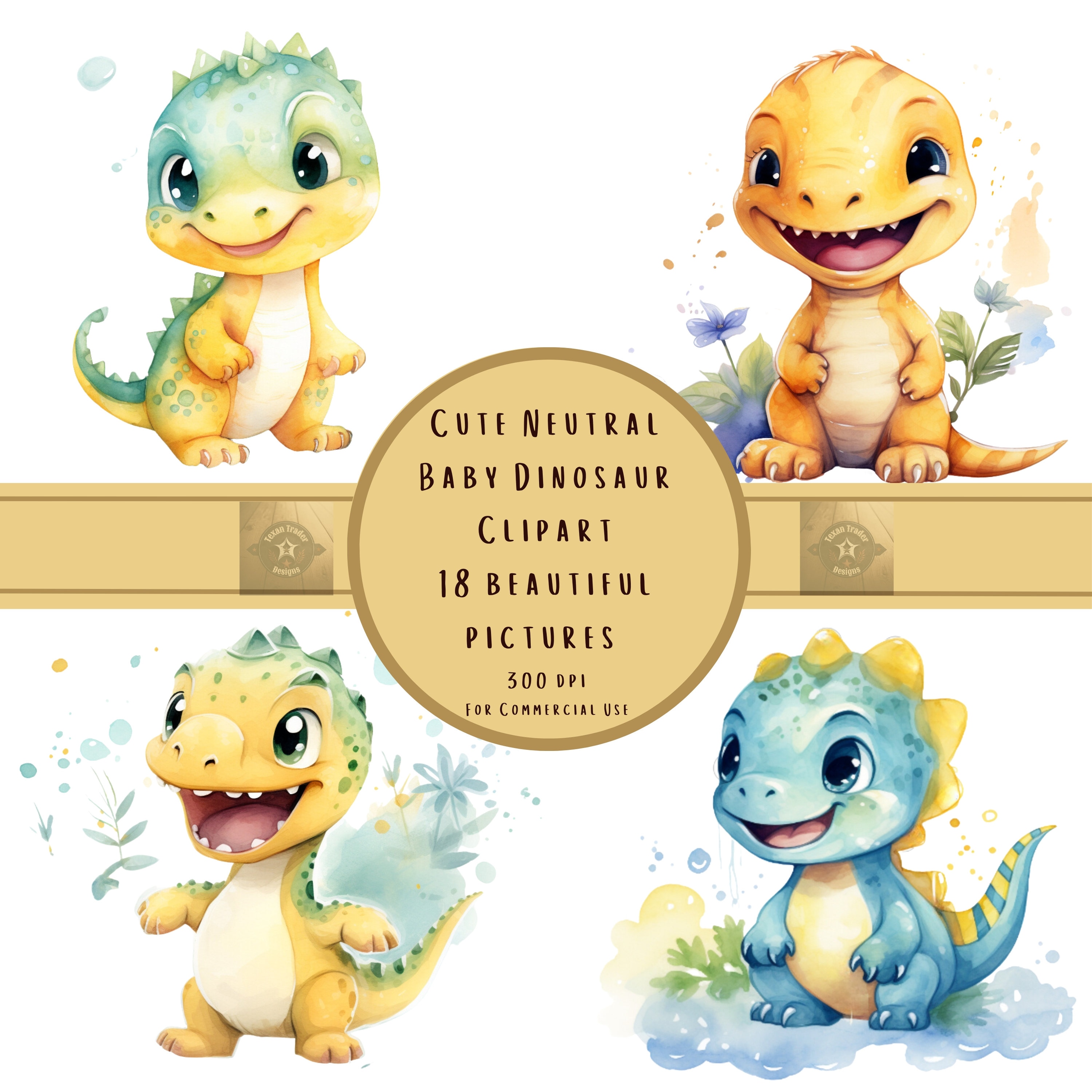 Cute Neutral Aqua and Yellow Baby Dinosaur PNG Clipart, Watercolor ...