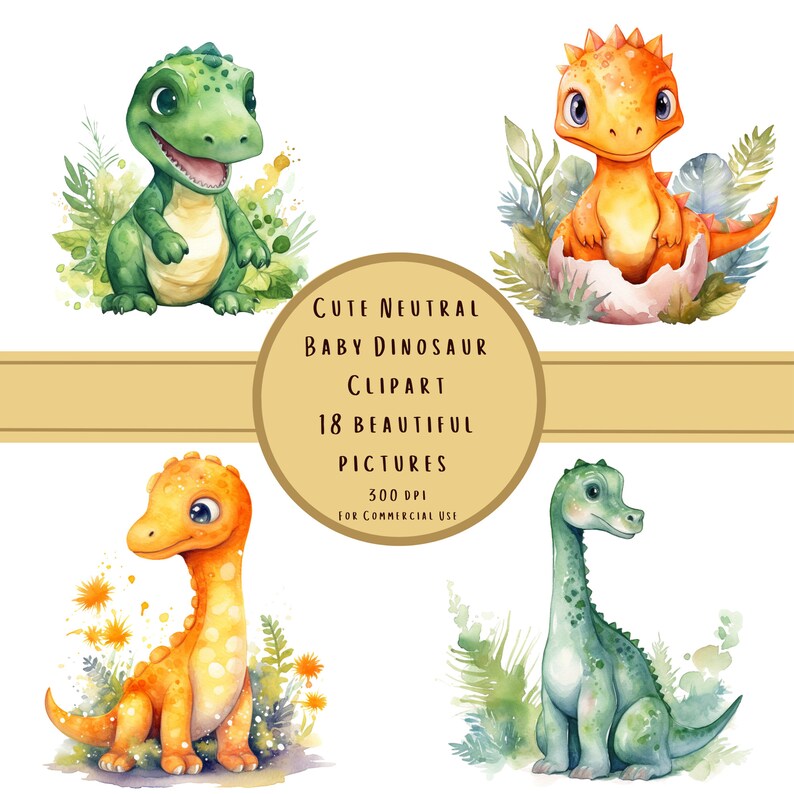 Neutral Baby Dinosaur Clipart Set, Watercolor PNG Graphics, Reptile ...
