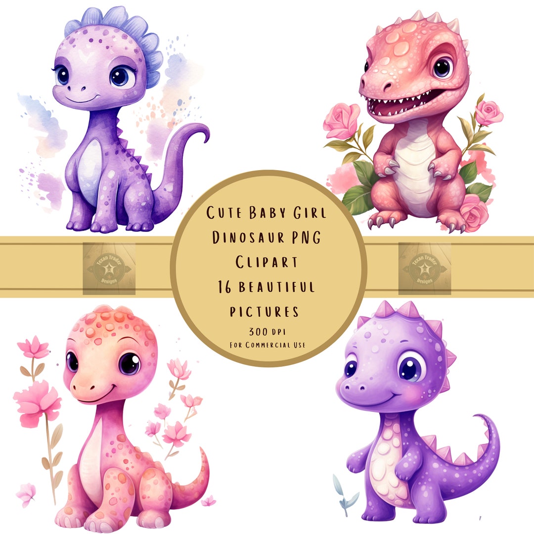 Baby Girl DINOSAUR & WATERCOLOR Floral Mountain Png CLIPART, Digital ...