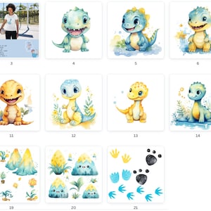 Cute Neutral Aqua and Yellow Baby Dinosaur PNG Clipart, Watercolor ...
