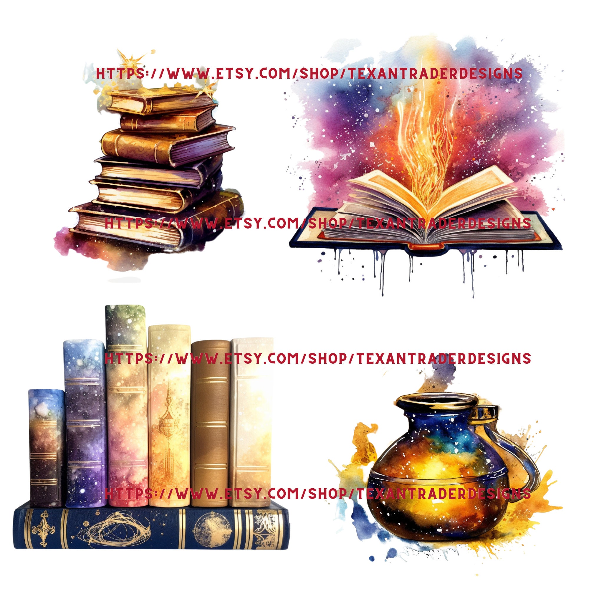 Watercolor Fantasy Book Clipart | Galaxy Wizard Book Stacks, Scrolls ...