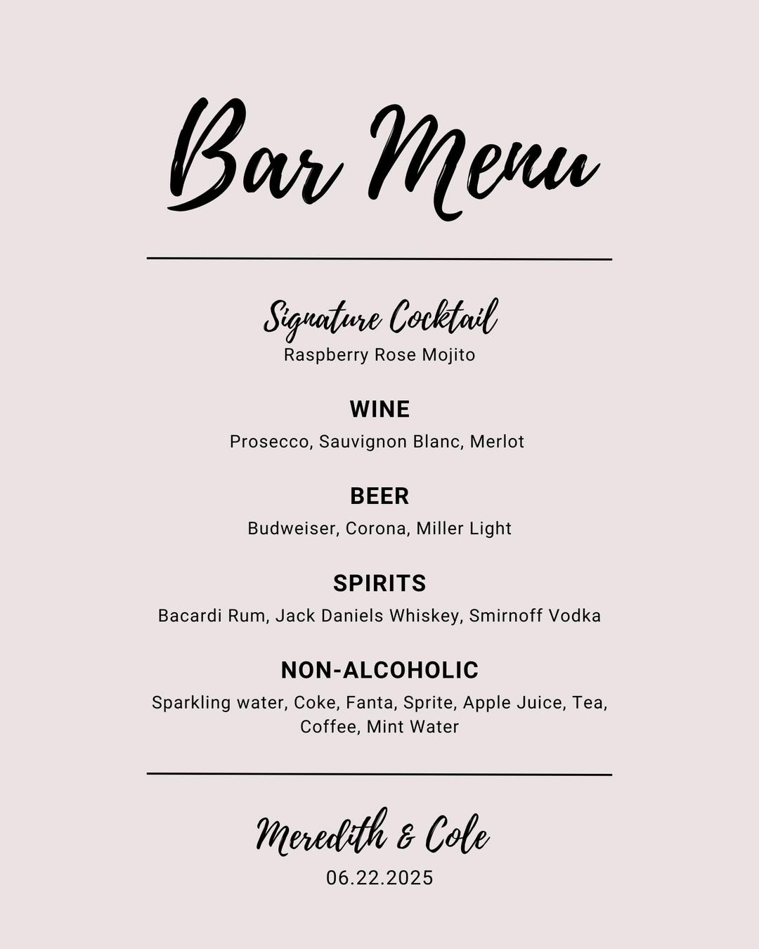 Elegant Wedding Bar Menu | Printable & Customizable | Instant Download ...
