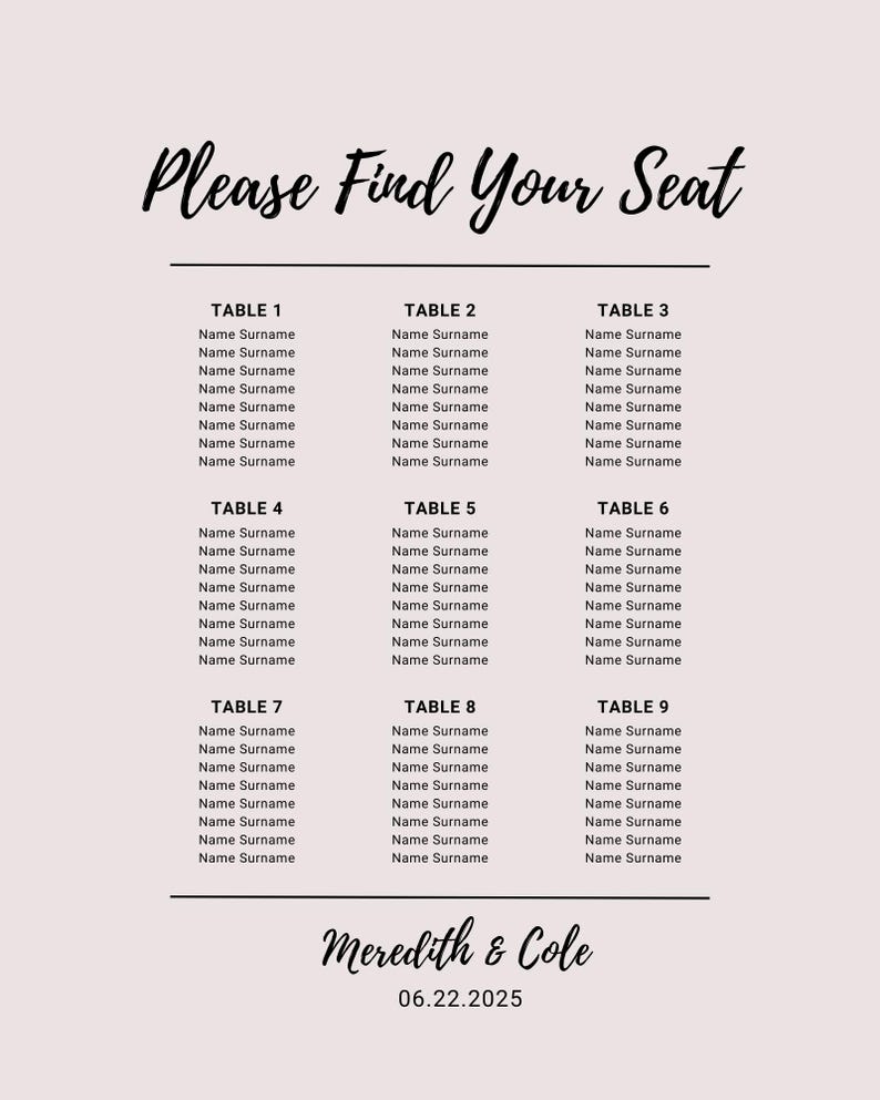 2025 Wedding Seating Chart With Table Number Signs -digital Download ...