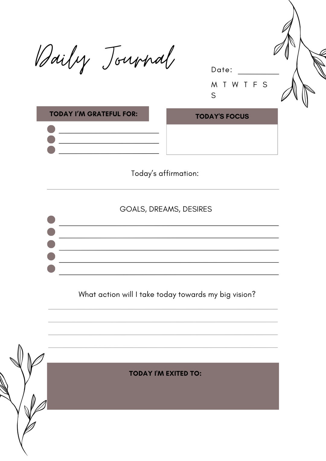Fillable or Printable Daily Journal for Goals and Affirmations - Etsy