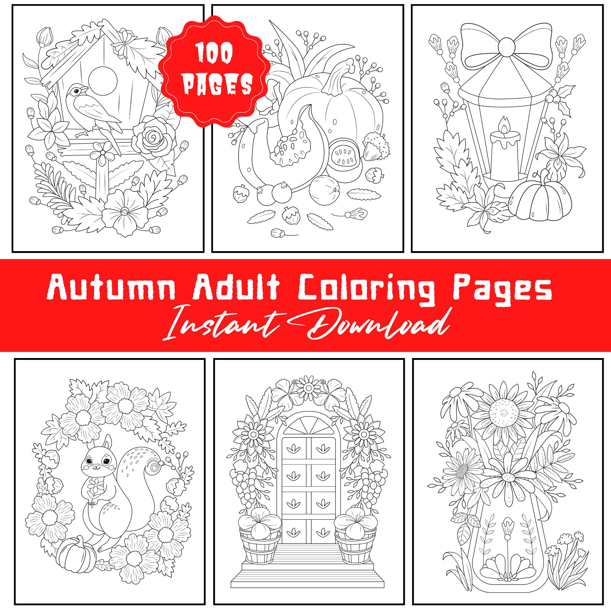 100 Fall Autumn Coloring Pages for Adults, Teens and Kids, Cute ...
