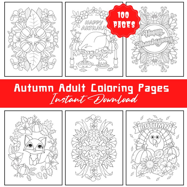 100 Fall Autumn Coloring Pages for Adults, Teens and Kids, Cute ...