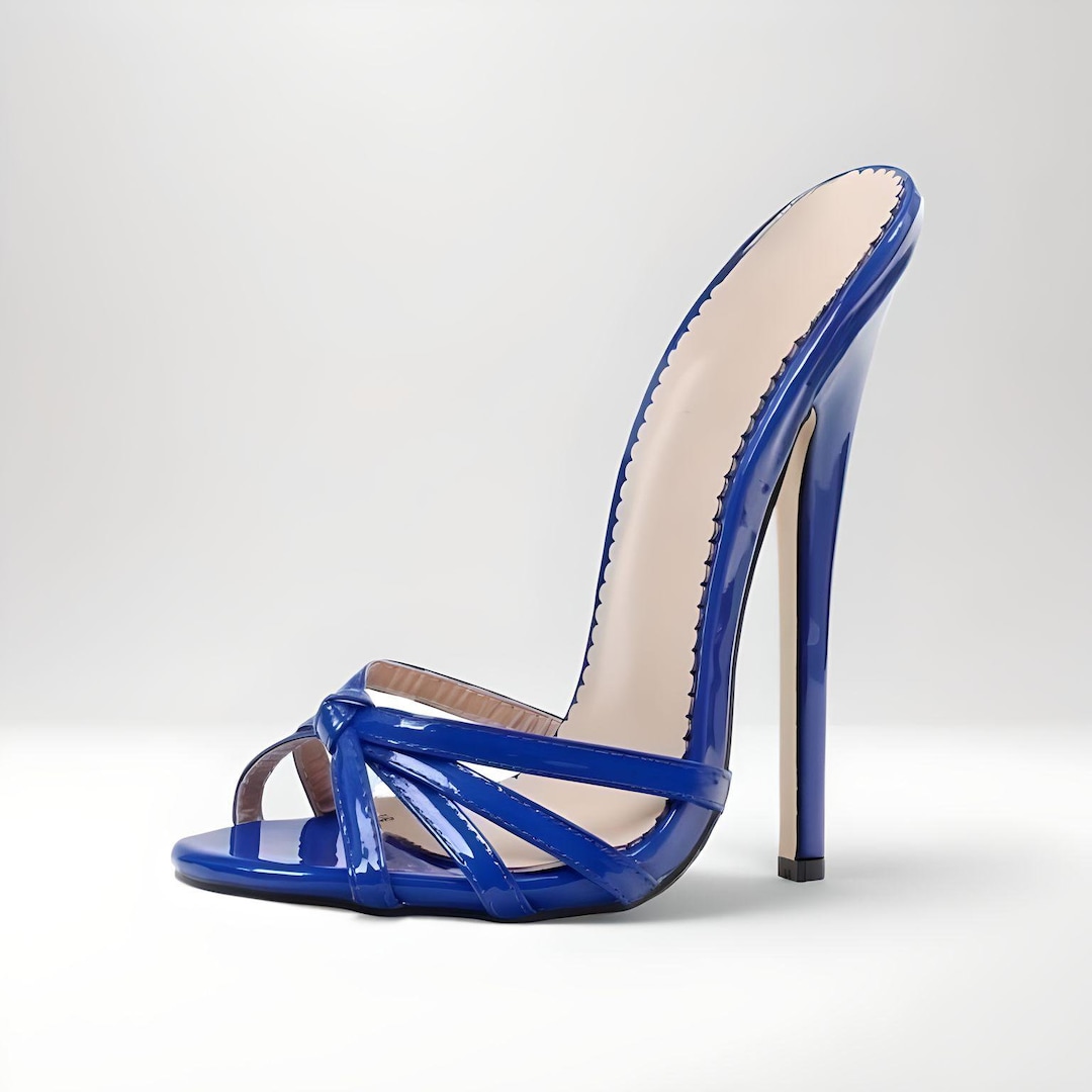 Ultra High Heel Stiletto 6inch / 18cm Strappy Round Toe Patent Mules ...