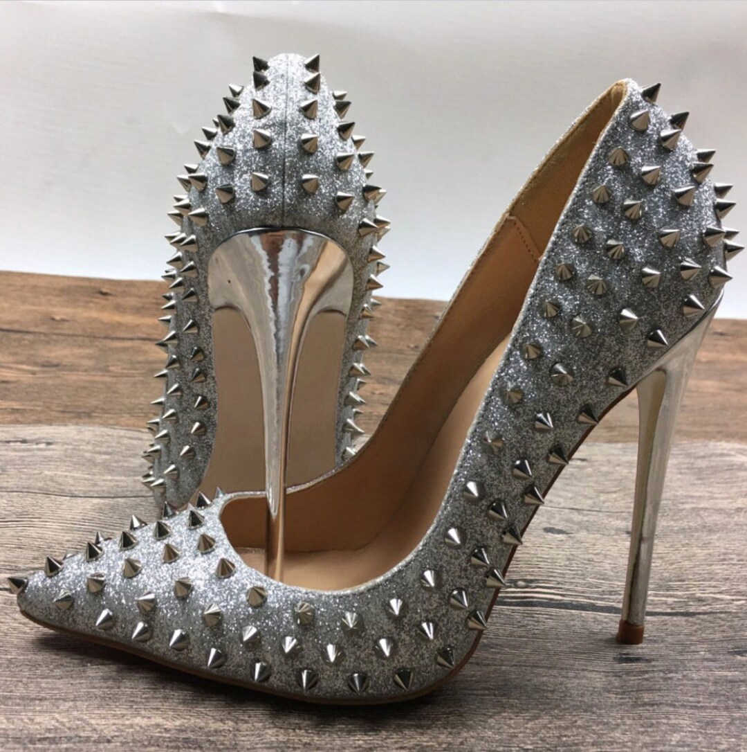 SPIKE STILETTO Gold or Silver GLITTER Pumps 6/8/10/12cm High Heel Court ...