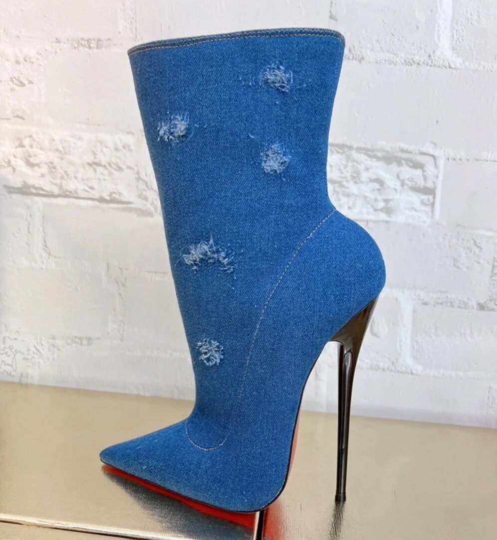6inch 16cm Ultra High Heel Stiletto Denim Pointy Ankle Boots - Etsy