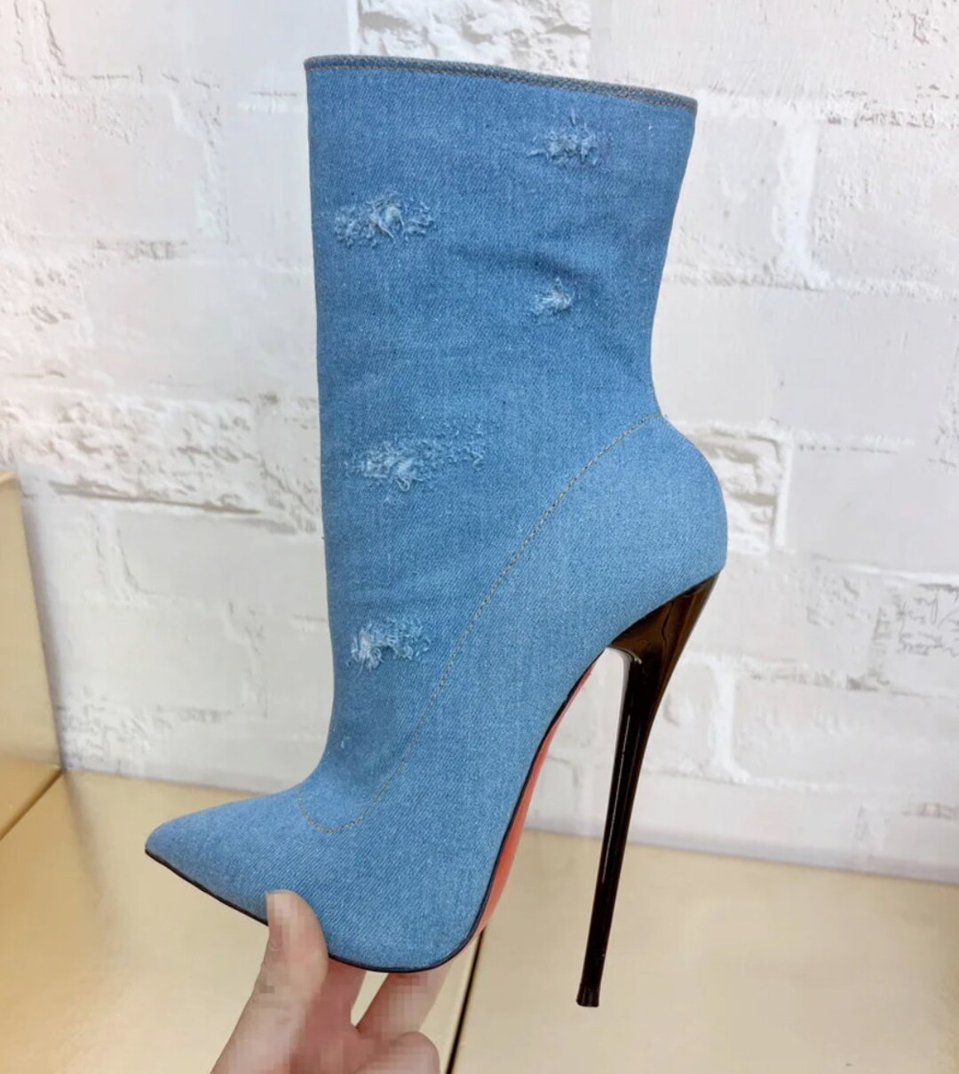 6inch 16cm Ultra High Heel Stiletto Denim Pointy Ankle Boots - Etsy