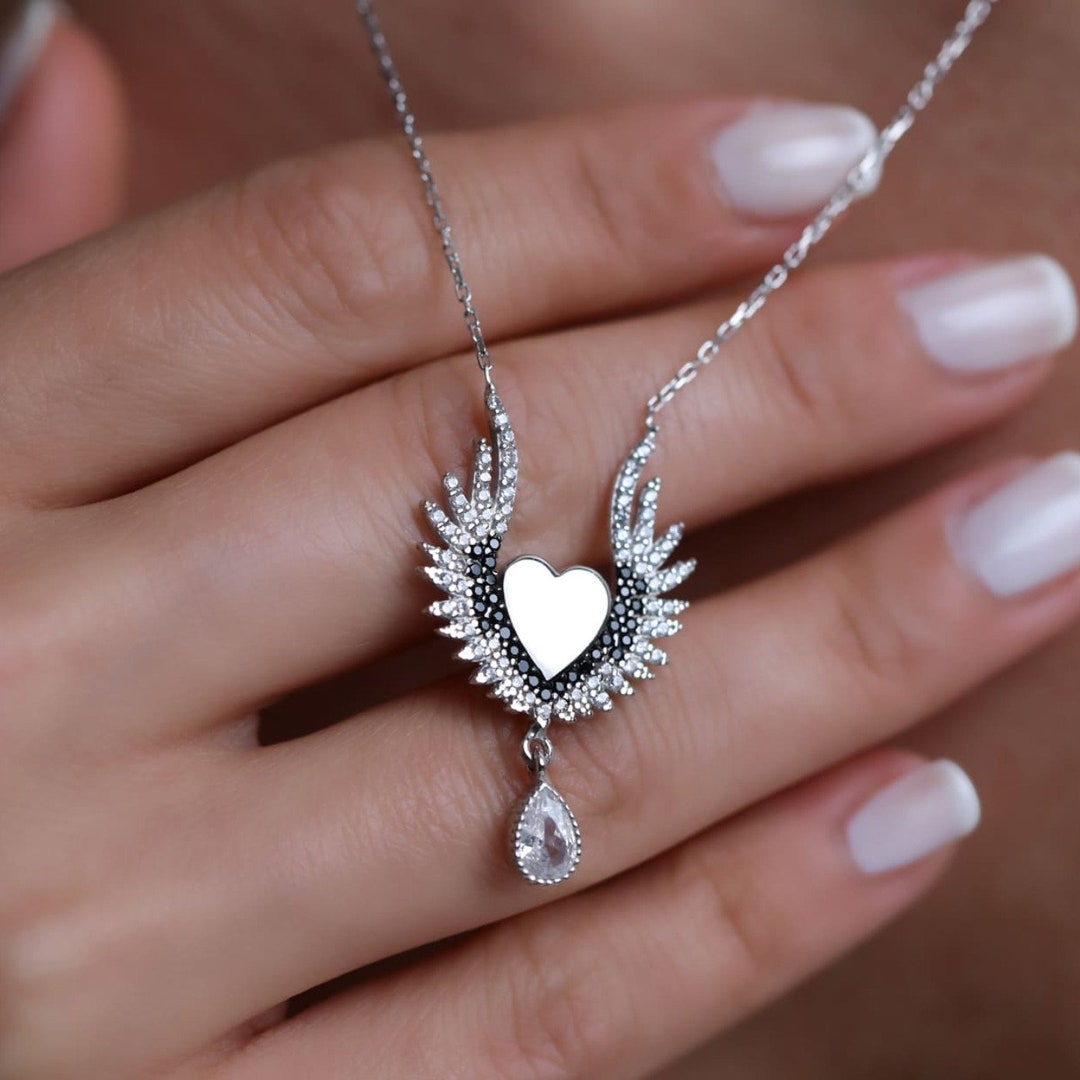 Angel Wing Necklace Rose Gold With Diamond, Heart Shape Guardian ...