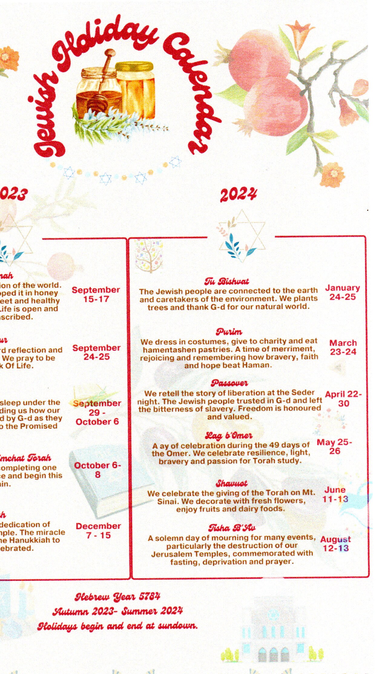 Jewish Holiday Calendar 5784 (2023-2024), Hebrew, Hanukkah, Rosh ...