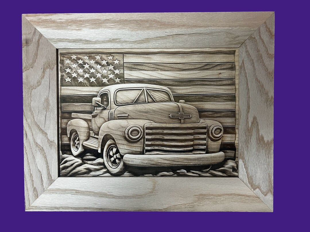 Classic Pickup American Flag Laser Engraved on Maple Wood Picture With ...