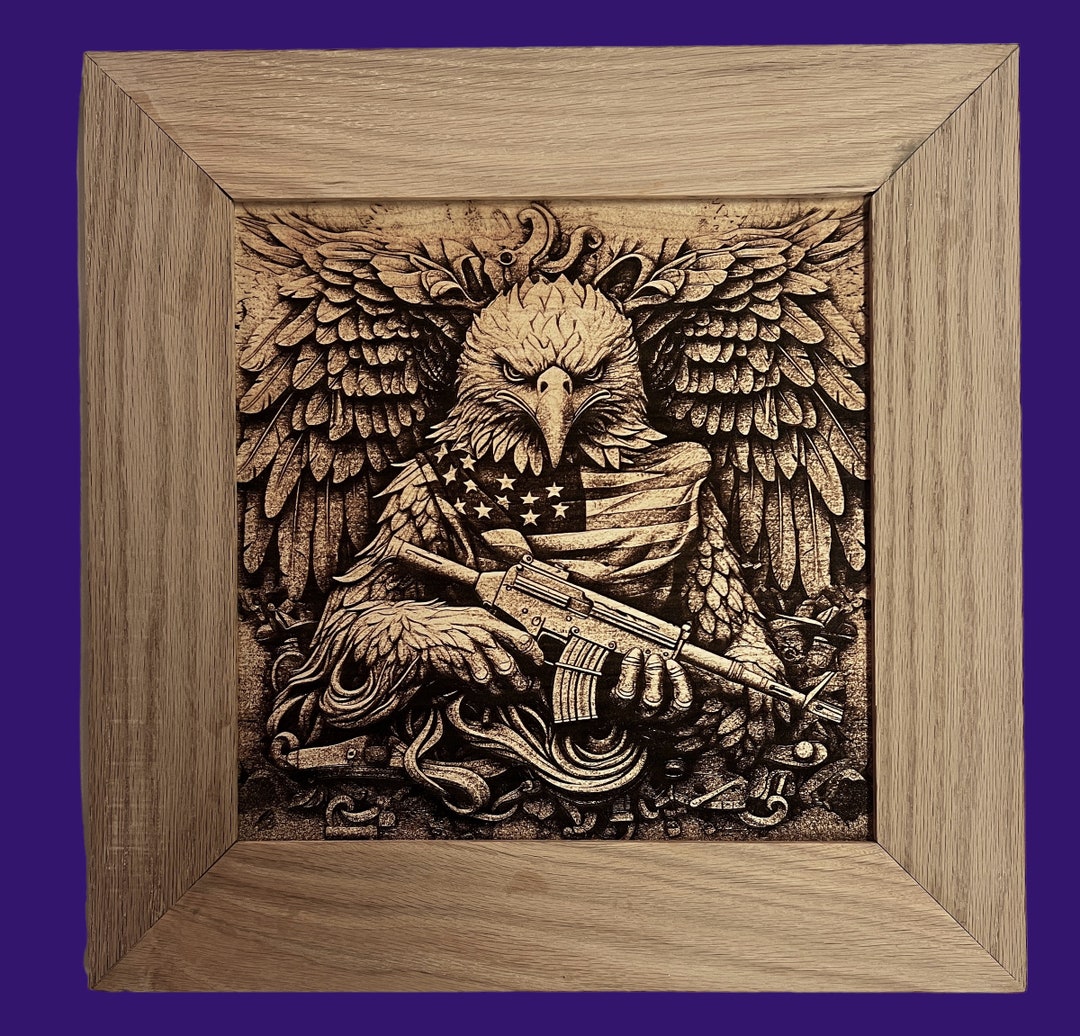 Patriotic Eagle Laser Engraved on Maple Wood Picture With Red Oak Frame ...