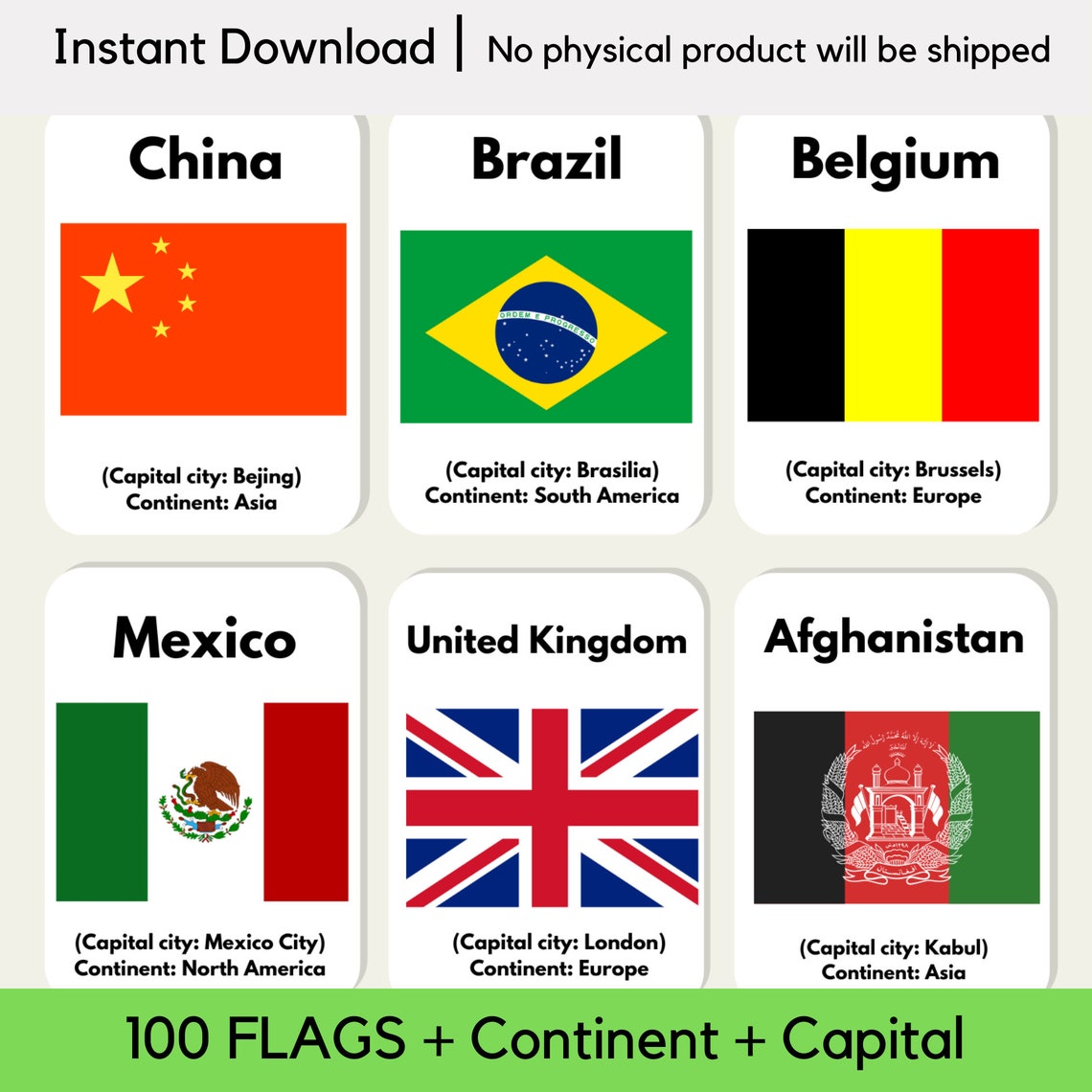 100 World Country Flags Flash Cards Instant Download Educational ...