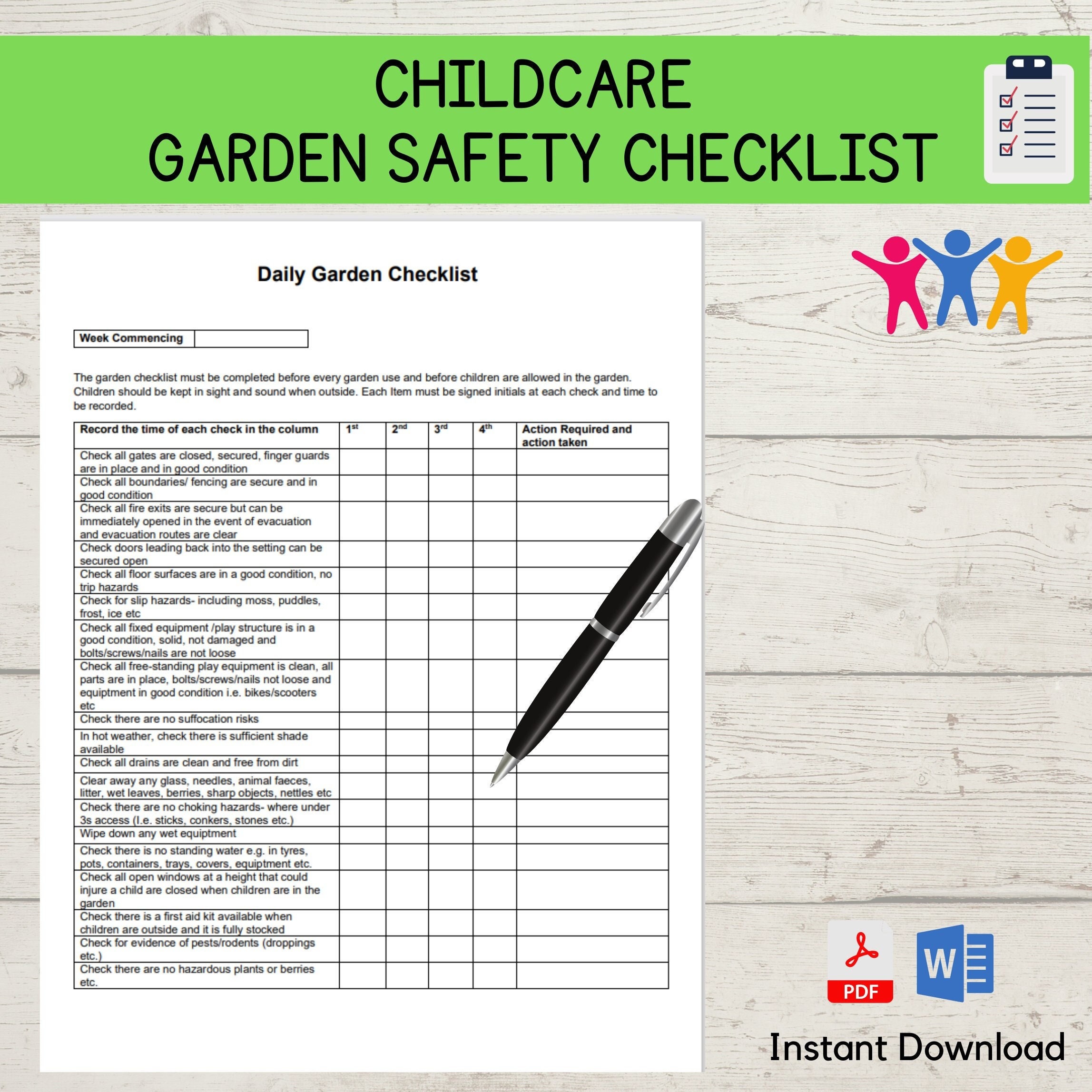 Child Care Garden Daily Checklist Daycare Child Minding Requirements ...