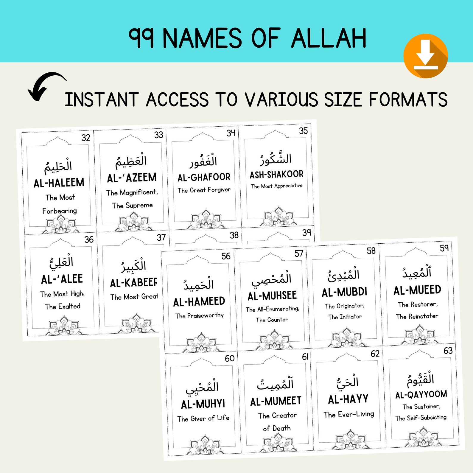 99 Names of Allah Islamic Art Quran Muslim Children Gift Printable ...