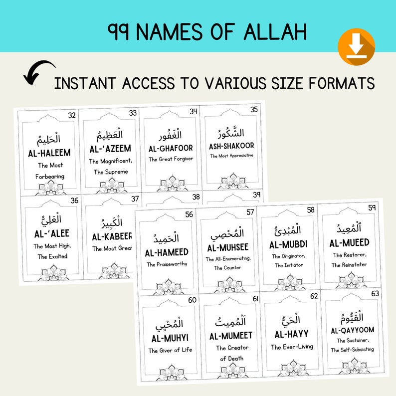 99 Names of Allah Islamic Art Quran Muslim Children Gift Printable ...