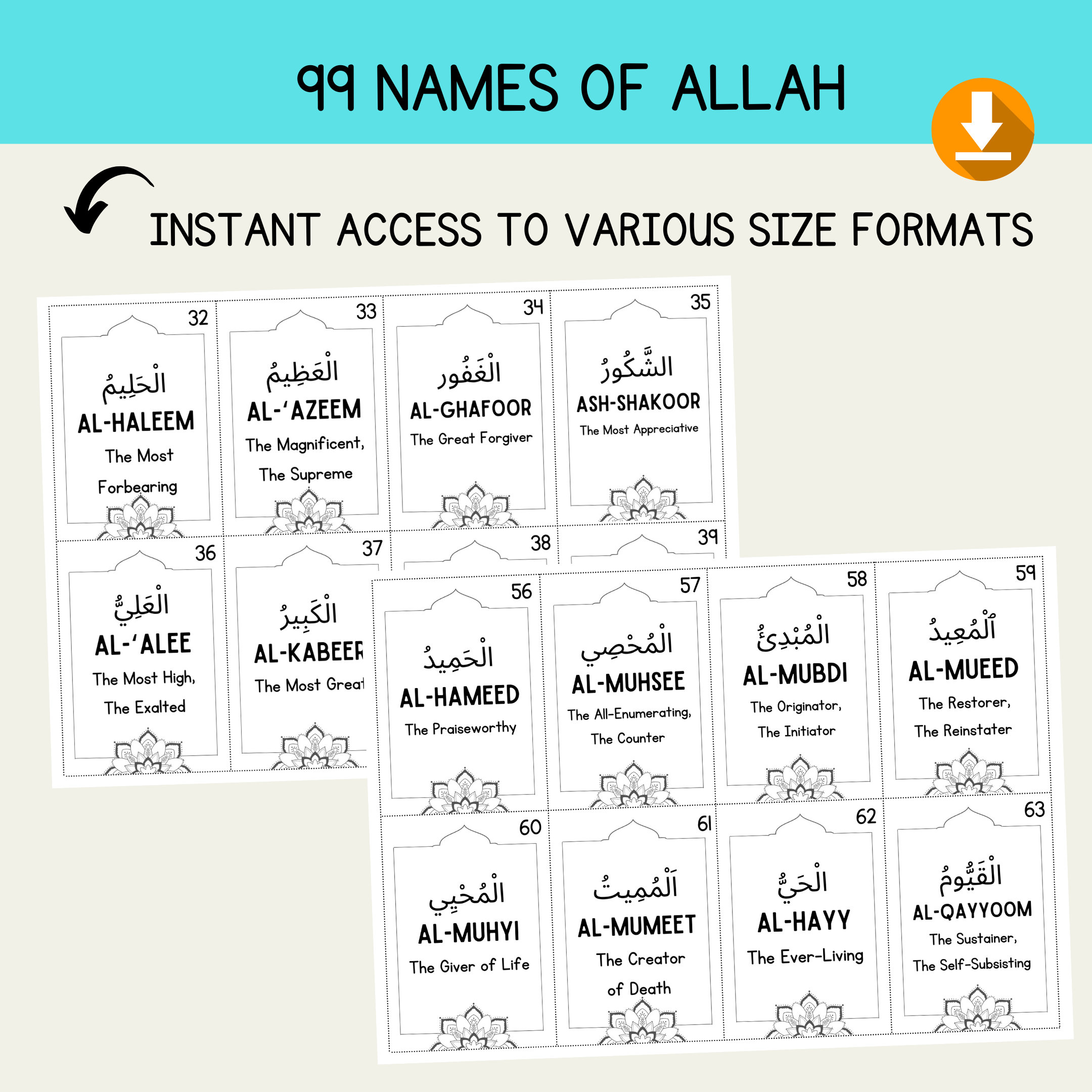 99 Names of Allah Islamic Art Quran Muslim Children Gift Printable ...