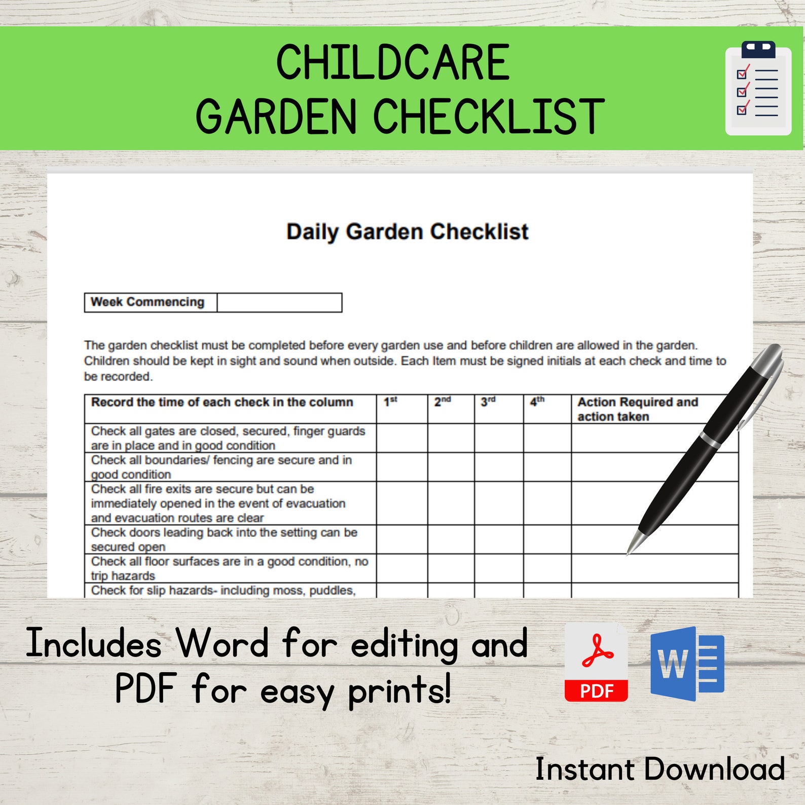 Child Care Garden Daily Checklist Daycare Child Minding Requirements ...