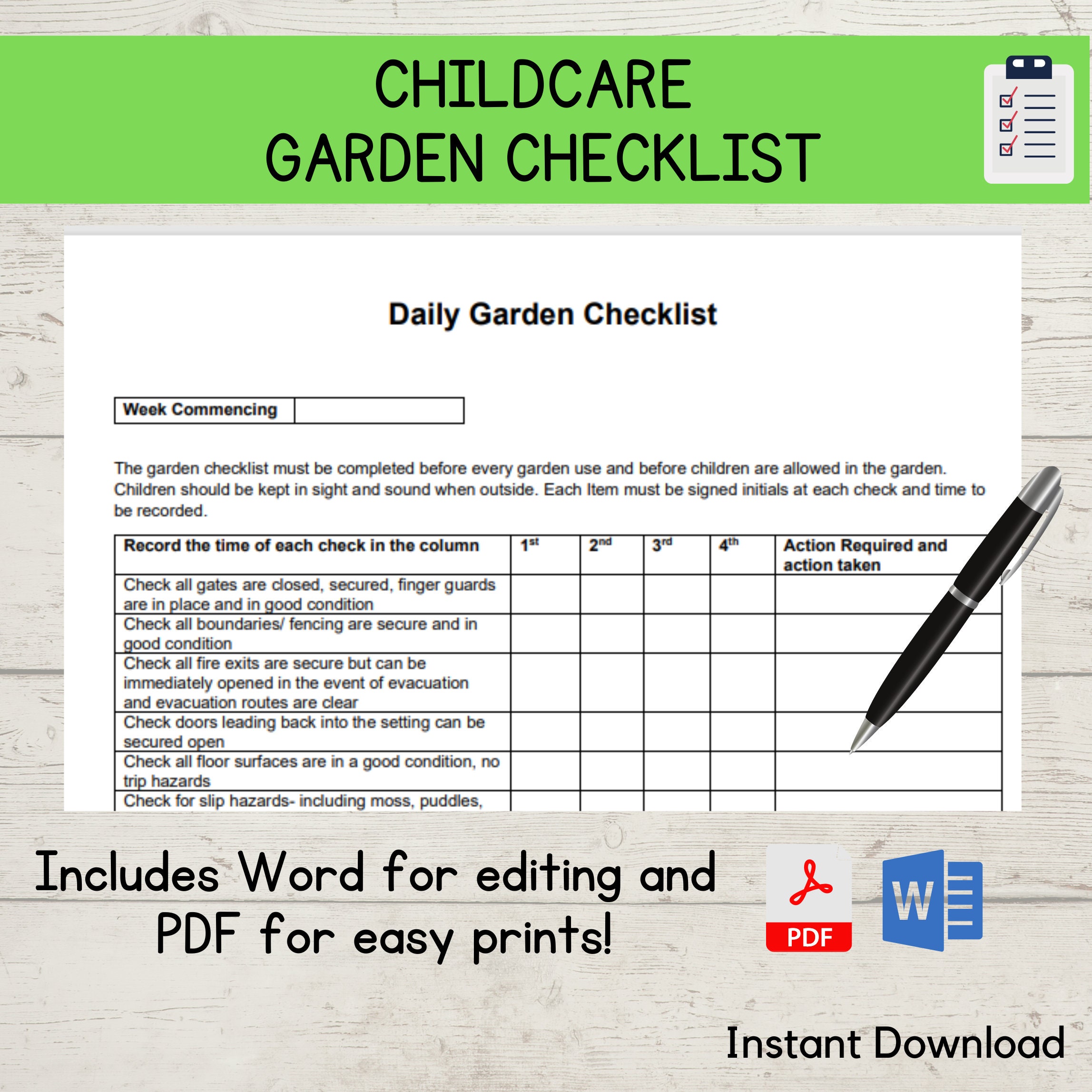 Child Care Garden Daily Checklist Daycare Child Minding Requirements ...