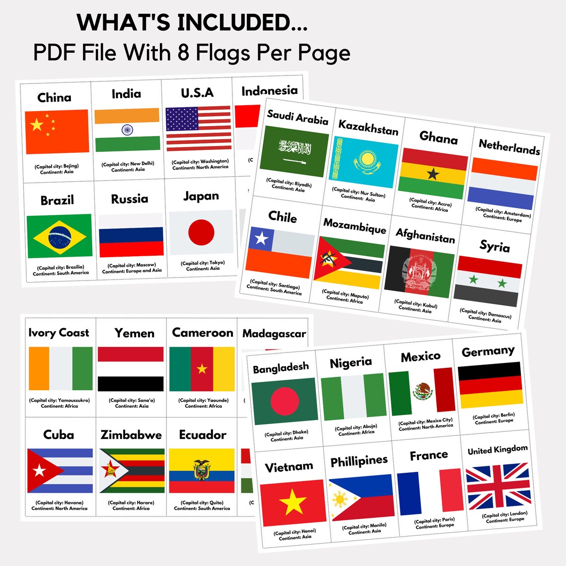 100 World Country Flags Flash Cards Instant Download Educational ...