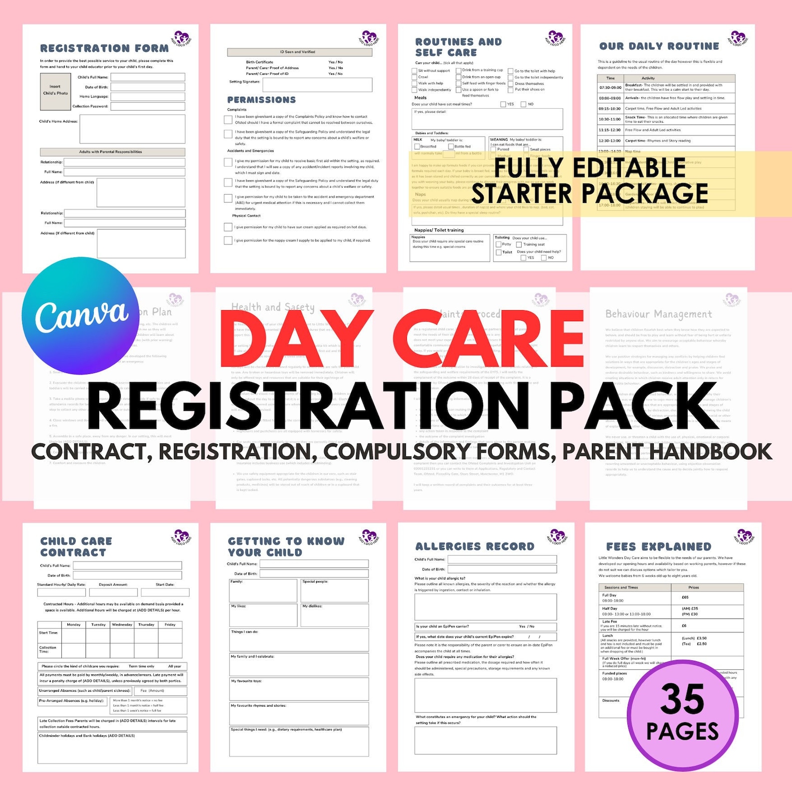 Fully EDITABLE, Day Care New Starter Registration Pack, Enrolment ...