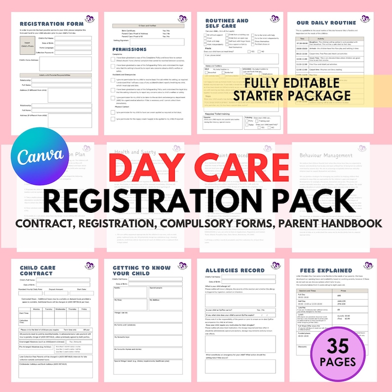 Fully EDITABLE, Day Care New Starter Registration Pack, Enrolment ...