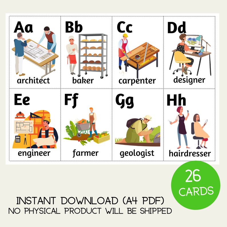 Alphabet Professions Flash Cards Instant PDF Download - Etsy