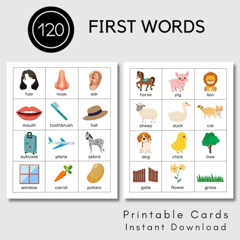 First Words Printable Cards Alphabet Flash Cards Baby Toddler - Etsy