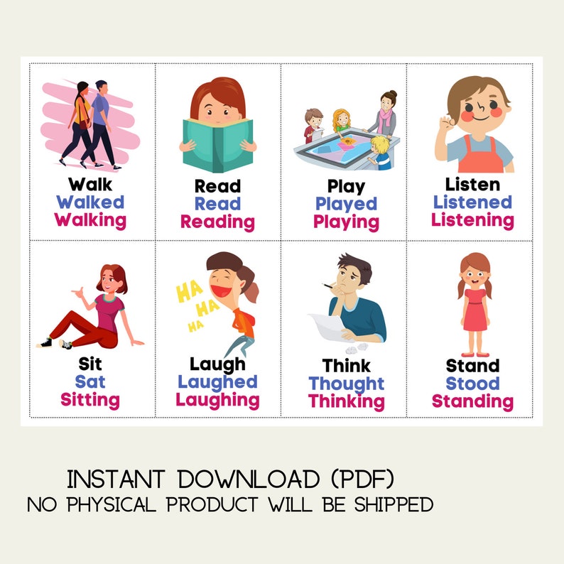 Action Verbs Flash Cards Children Preschool Educational Activity Kids ...