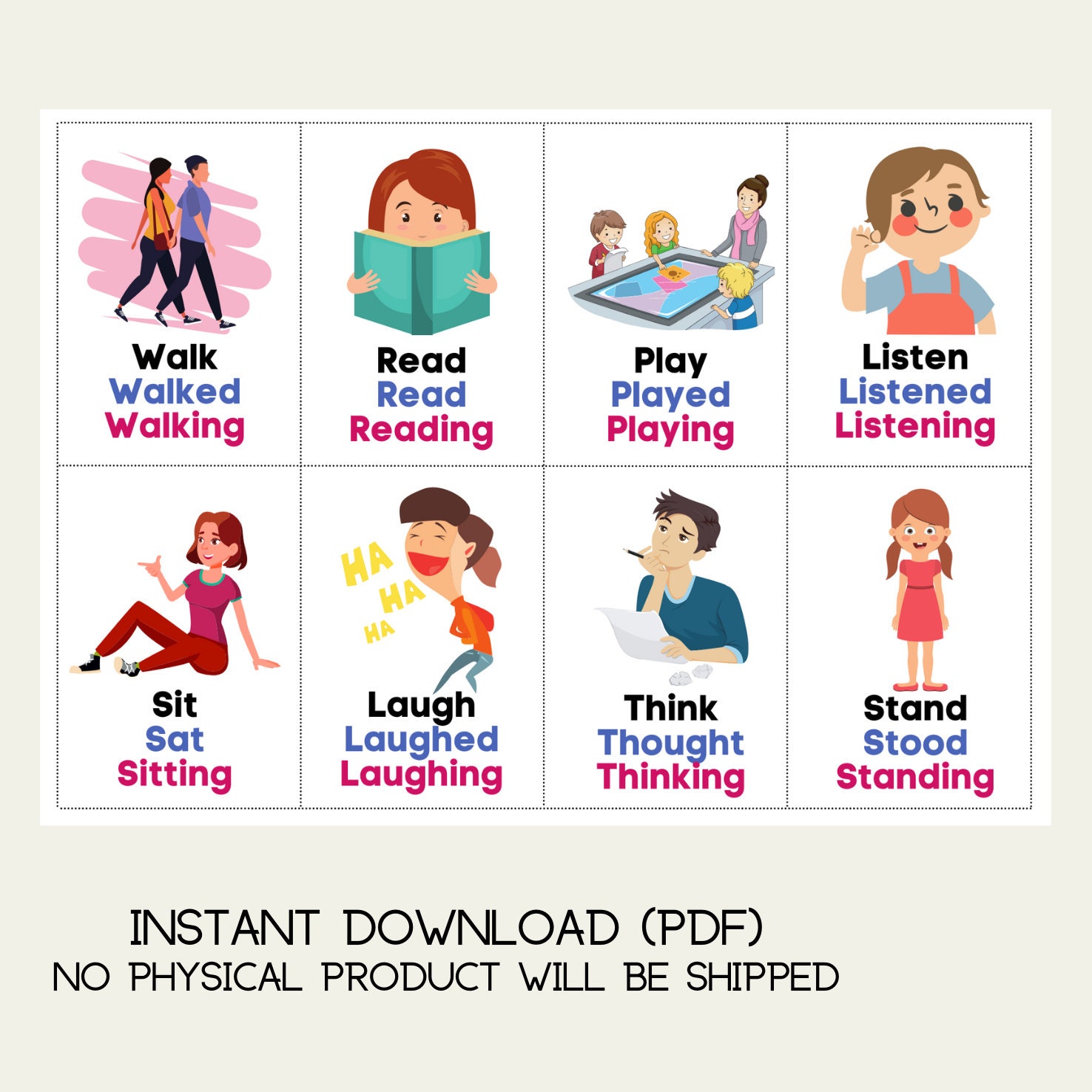 Action Verbs Flash Cards Children Preschool Educational Activity Kids ...