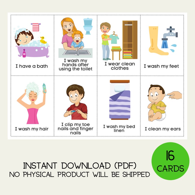 Personal Hygiene Flash Cards Home School Learning Children Toddler Kids ...