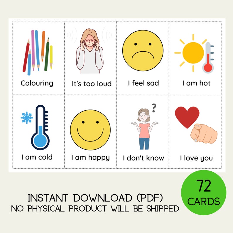 Communication Speech Cards 72 Pack Special Needs Learning Non Verbal ...