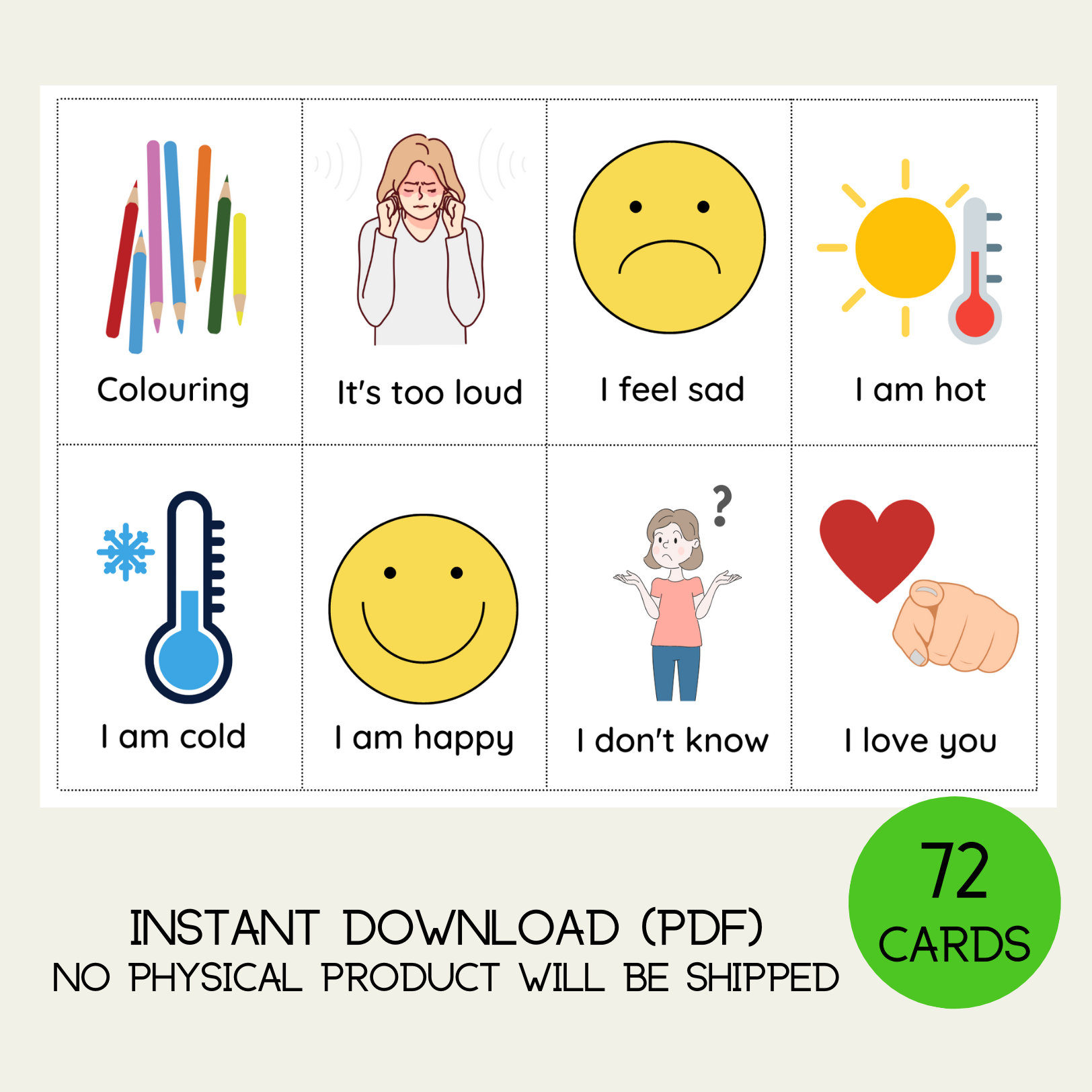 Communication Speech Cards 72 Pack Special Needs Learning Non Verbal ...