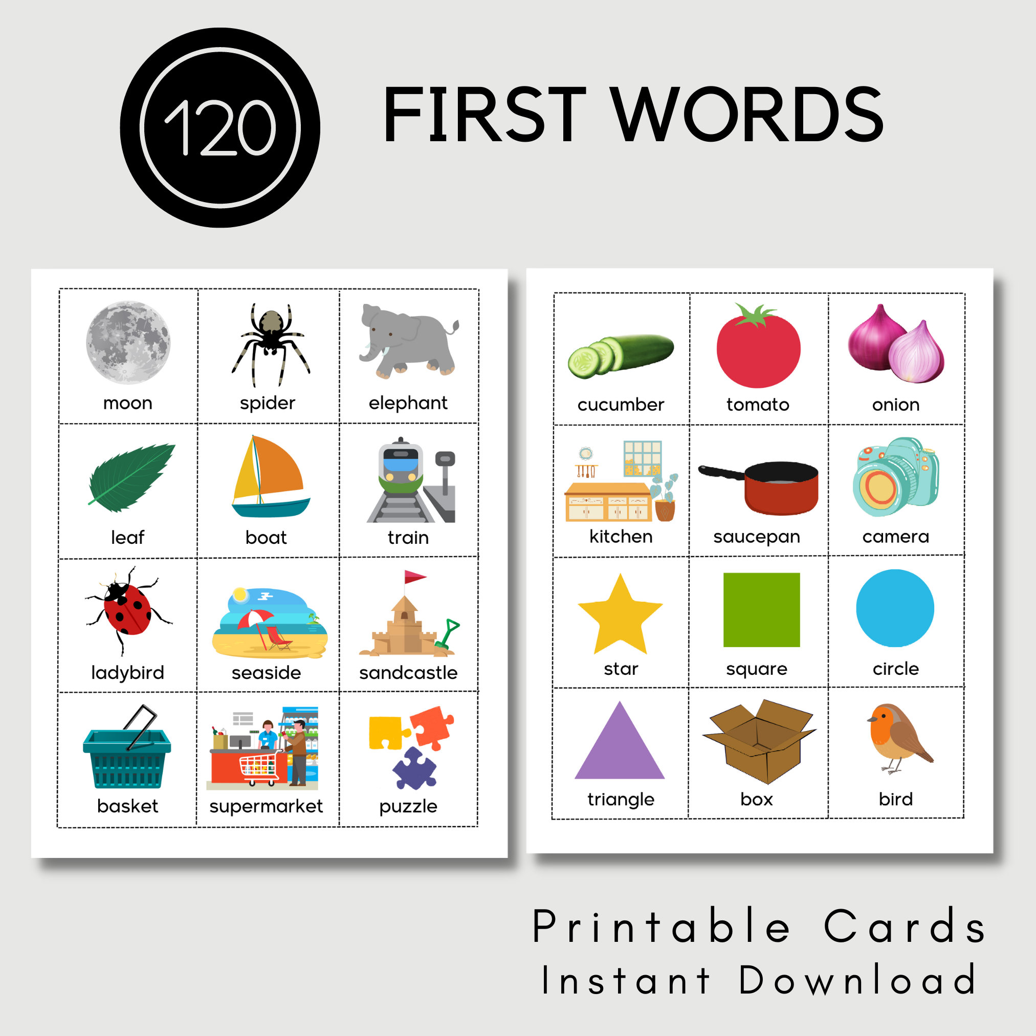 First Words Printable Cards Alphabet Flash Cards Baby Toddler Children ...
