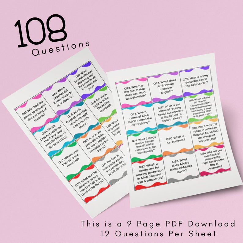 Islamic Trivia Questionnaire Game Printable Cards Islamic General ...