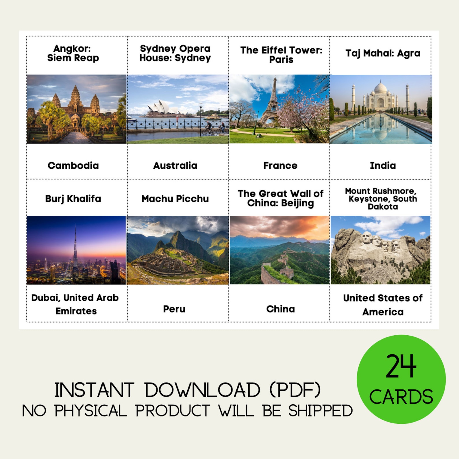 Famous Landmarks Flash Cards World Country Educational Children Digital ...