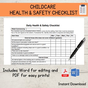 Child Care Health and Safety Checklist Daycare Child Minding ...