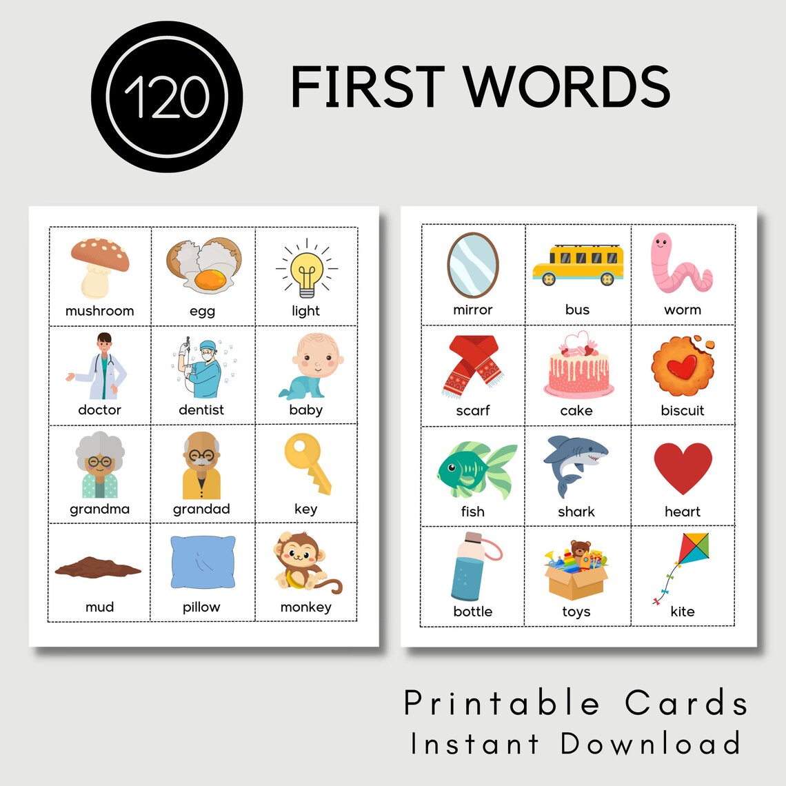 First Words Printable Cards Alphabet Flash Cards Baby Toddler Children ...